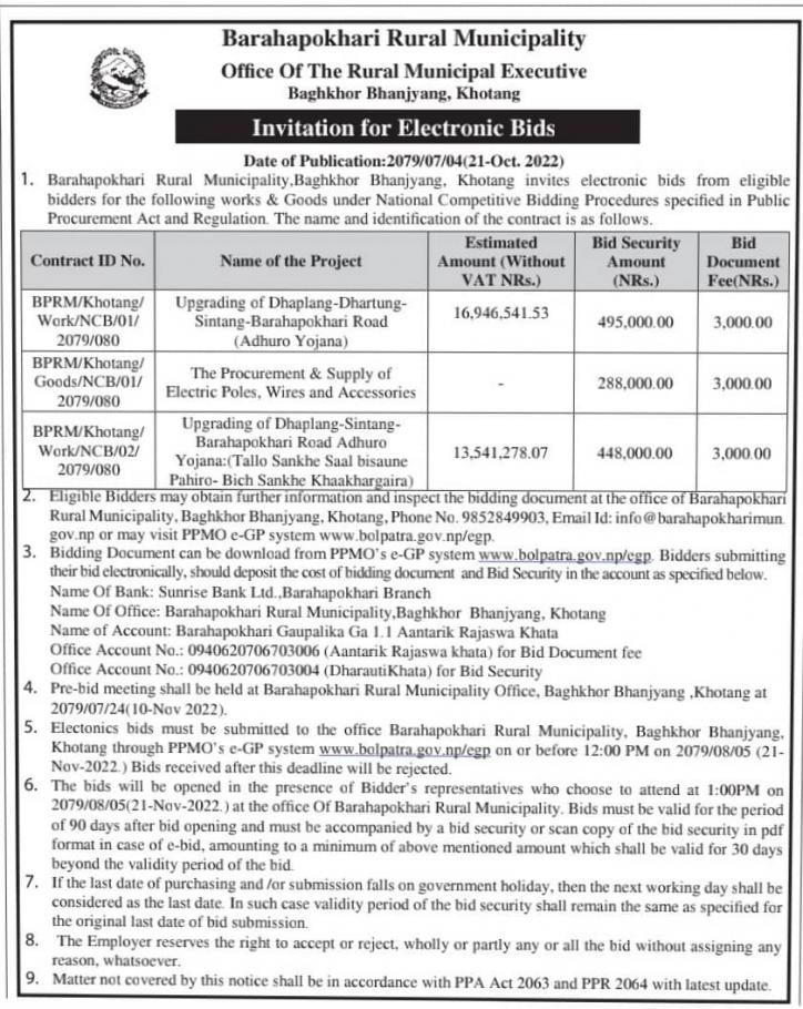 Invitation for Electronic Bids!!! (BPRM/Khotang/Work/NCB/01/2079/080,(BPRM/Khotang/Work/NCB/02 ...